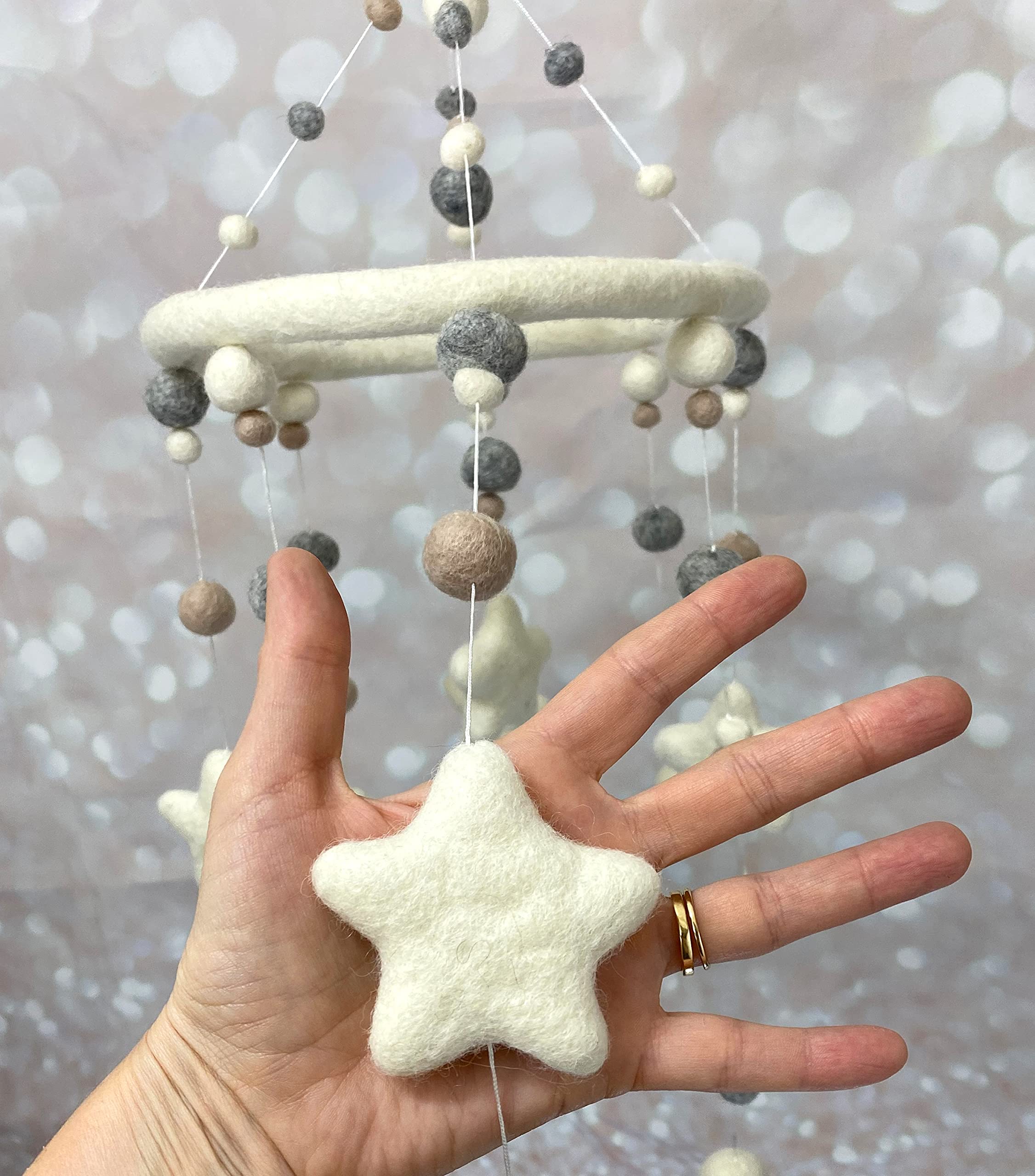 Wool Stars Nursery Mobile for Baby's Room Decoration, Unisex Boy Girl White Grey Taupe