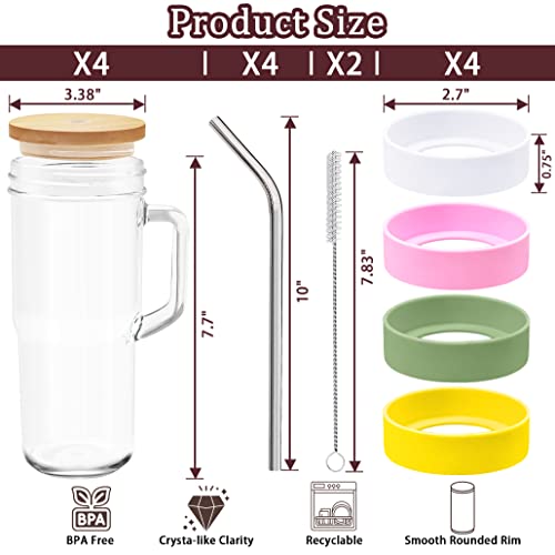 4-Pack 24oz Glass Tumbler Cups with Handle, Bamboo Lids, and Straws - Reusable Mason Jar Drinking Glasses for Iced Coffee, Smoothies, Beer, Juice, and Tea
