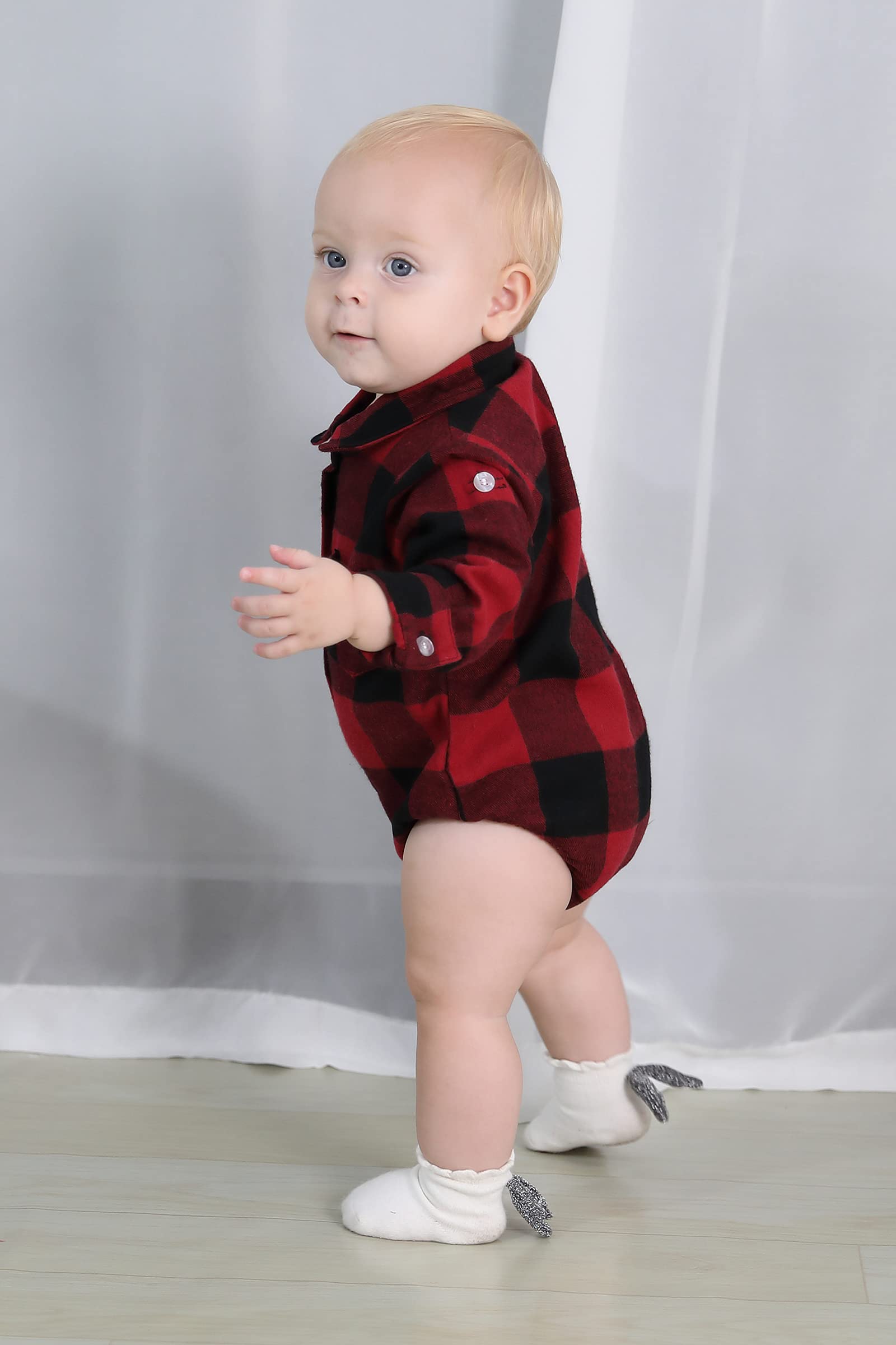 HAPPYMA Newborn Baby Boy Girls Plaid Outfit Flannel Romper Tops Infant Long Sleeve Button Down Plaid Casual Bodysuit Clothes