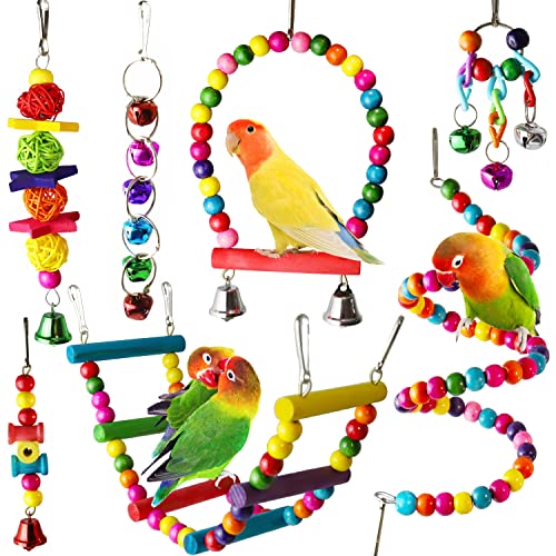 7 Pcs Bird Parakeet Cockatiel Toys, ESRISE Hanging Bell Pet Bird Cage Hammock Swing Climbing Ladders Toy Wooden Perch Chewing Toy for Conures, Love Birds, Finche, Budgerigar