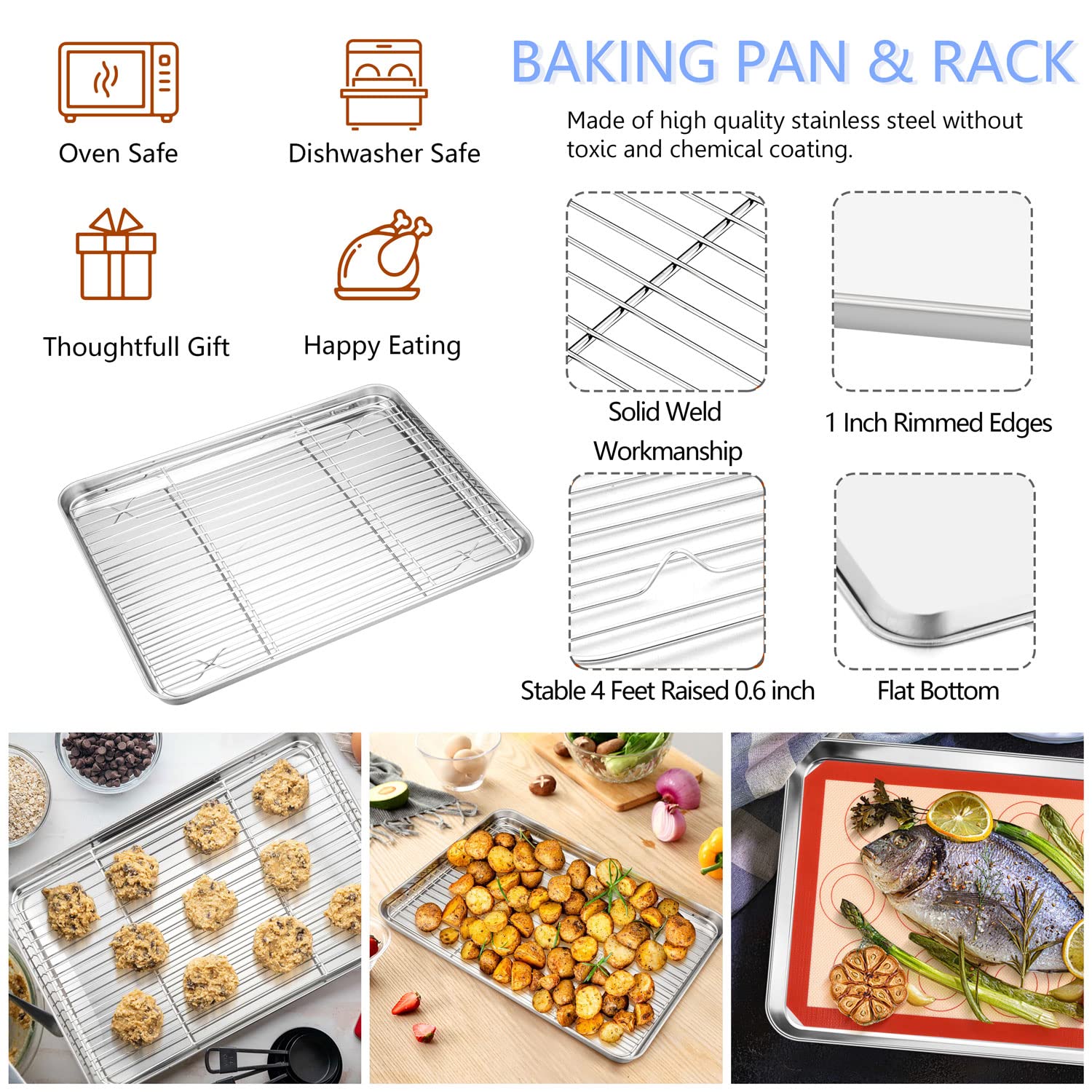 16 Inch Baking Sheet with Rack & Mat Set(2 Jelly Roll Pans + 2 Racks + 2 Mats), Herogo Stainless Steel Cookie Tray with Cooling Rack & Silicone Mat for Toaster Oven, Heavy Duty & Dishwasher Safe
