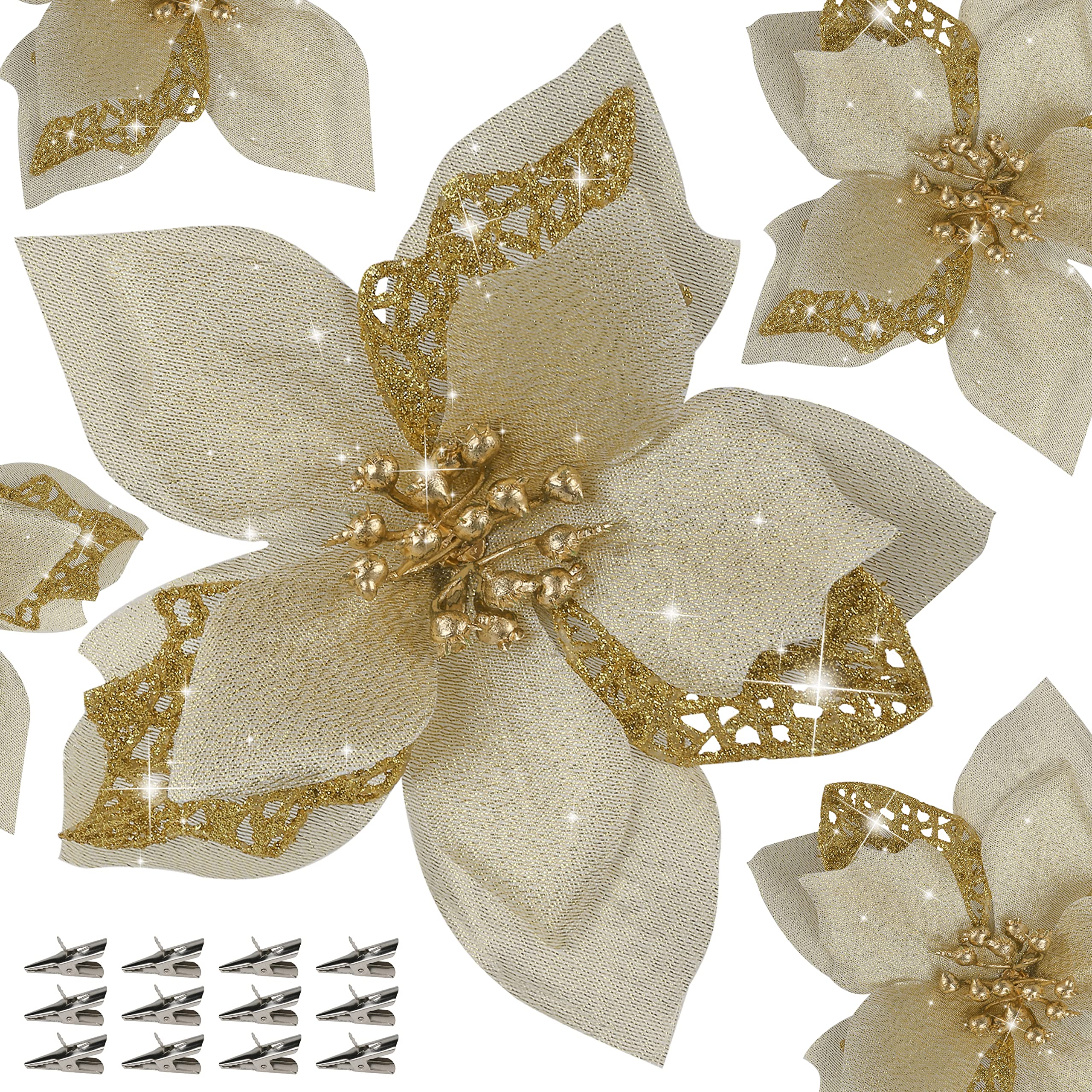 12-Pack 5.9'' Gold Glitter Poinsettia Artificial Flowers - Christmas Tree Decorations with Clips