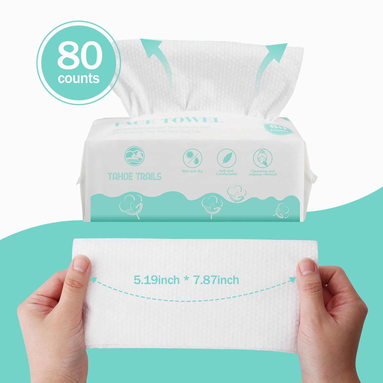 Tahoe Trails Disposable Face Towel, Soft Dry Wipe, Lint Free, Dry Wet Use for Sensitive Skin, 80Count Cotton Facial Tissue, Makeup Removing, Surface Cleaning 5.91 * 7.87inch, 80