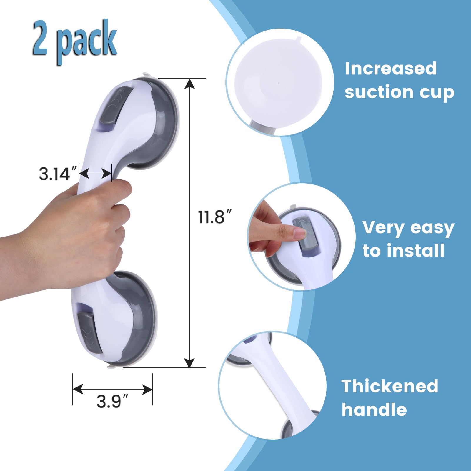 2 Pack Grab Bars for Bathtubs and Showers, Shower Handles for Elderly Seniors bar Bars Safety Elderly Suction 500 lbs Cup and Walls bathtubs Handicap