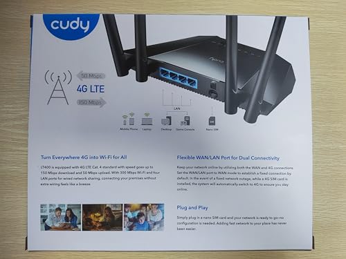 Cudy N300 WiFi Unlocked 4G LTE Modem Router with SIM Card Slot, 300Mbps WiFi, LTE Cat4, EC25-AFX Qualcomm Chipset, 5dBi High Gain Antennas, FDD, DDNS, VPN, Cloudflare, Plug and Play, LT400