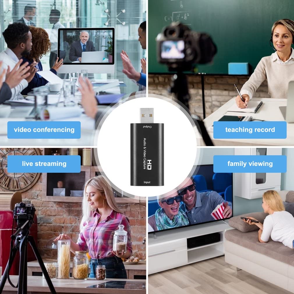 1080P HDMI Video Capture Card, Game Capture Card Audio Capture Adapter HDMI to USB, Record Capture Device for Streaming, Live Broadcasting, Video Conference, Teaching, Gaming