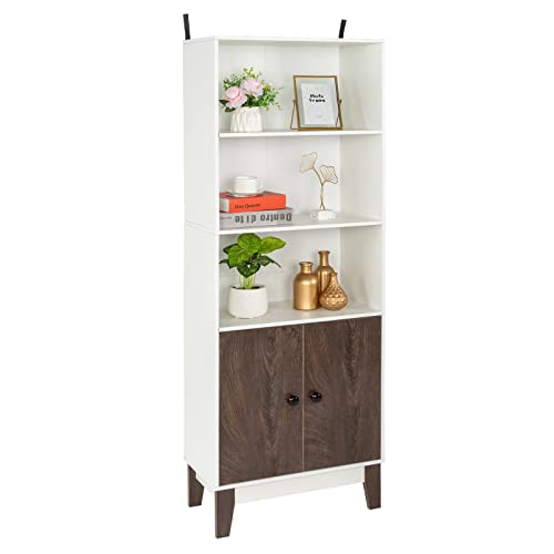 4 Tier Bookcase Storage Cabinet, 63 Inches 4 Tiers Tall Open Bookshelf with 2 Doors, Anti-toppling Device, Freestanding Wooden Storage Display Shelf for Home Office (White)