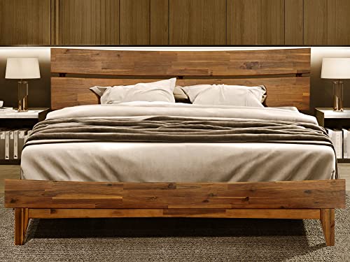 Acacia Aurora Bed Frame with Headboard Solid Wood Platform Bed, King Size Bed Frame, Unqiue Design Contemporary Signature Wood Bed Compatible with All Mattress Types, Non-Slip and Noise-Free, Caramel