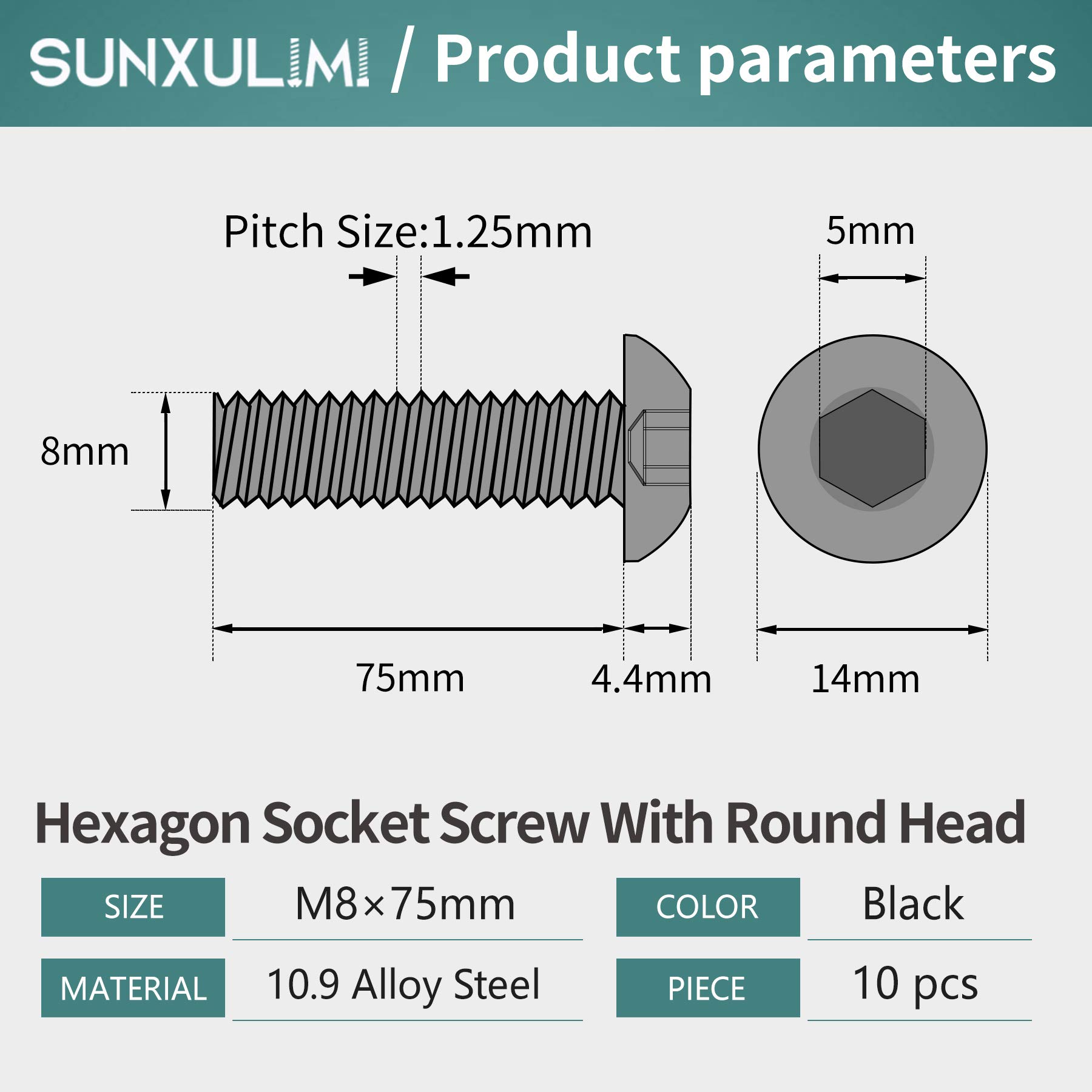 M8 x 75mm Button Head Socket Cap Screws Bolts, 10.9 Grade Alloy Steel, Black Oxide Finish, Metric Allen Hex Drive, Fully Threaded, 10PCS