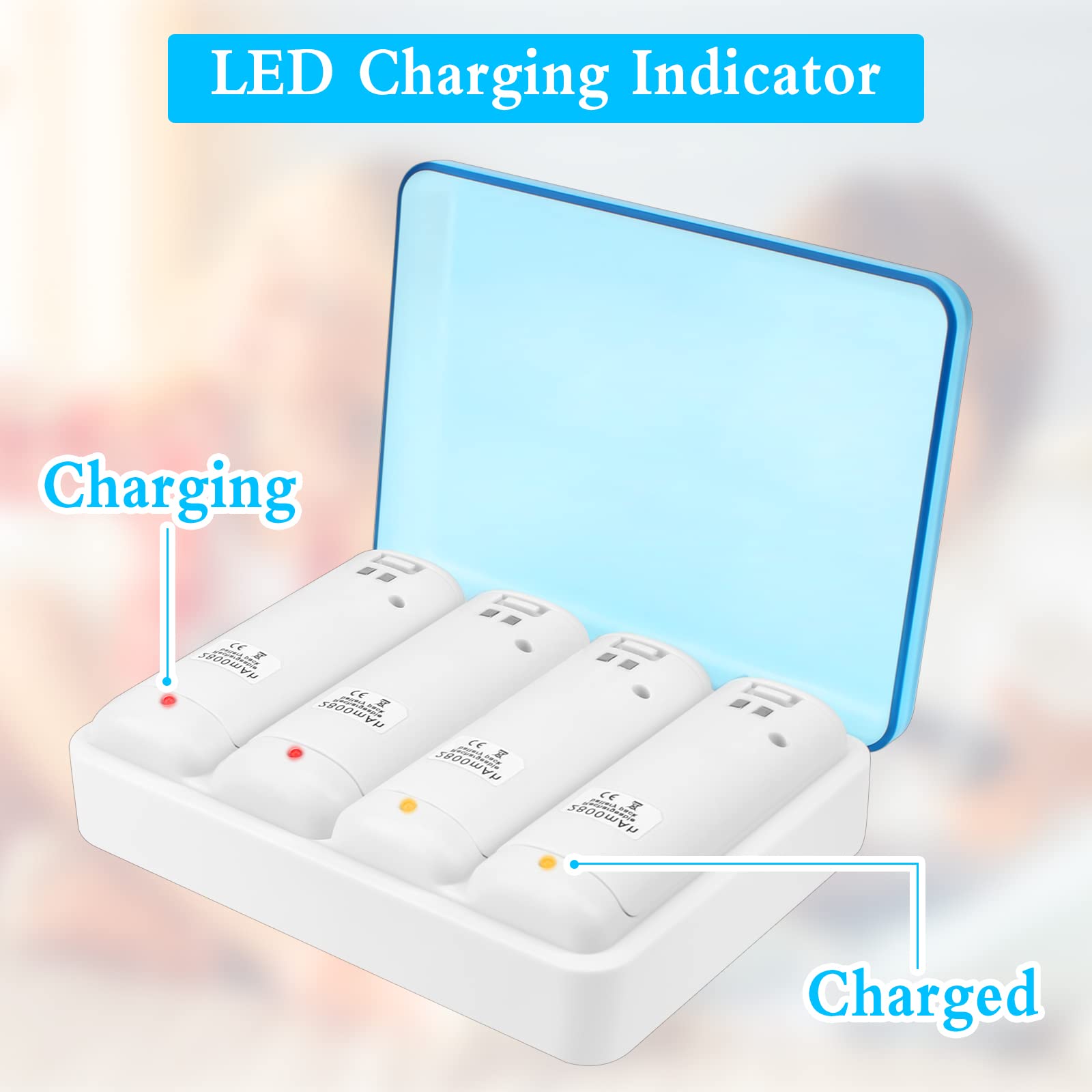 4-in-1 Charging Station for Wii & Wii U Remote Controller, 4 Pcs Rechargeable 2800 mAh Battery Packs with USB Cable Compatible for Wii/Wii U Remote Game Contoller (White)
