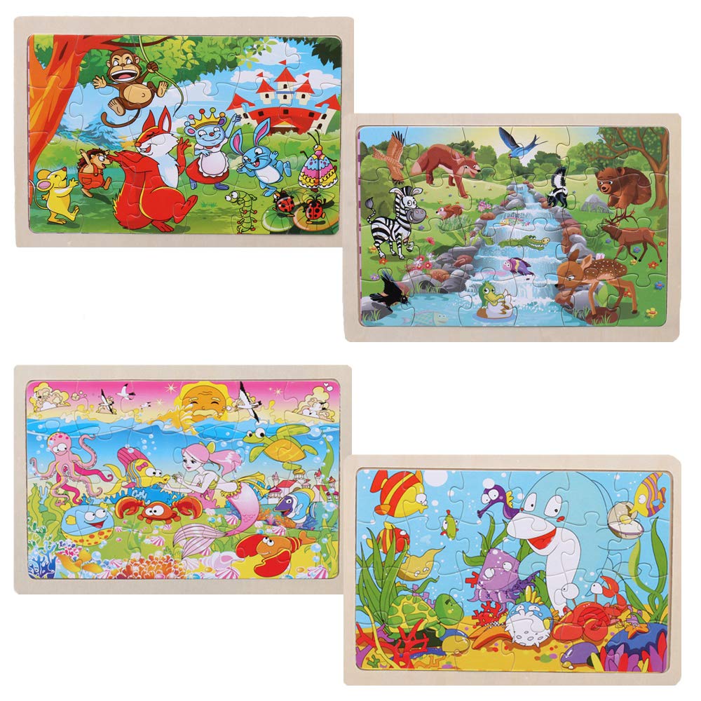24 Pieces Wooden Puzzles for Kids Ages 3-8 Preschool Educational Learning Animal-Marine World Jigsaw Toy for Boy and Girl Gift (4 Puzzles)