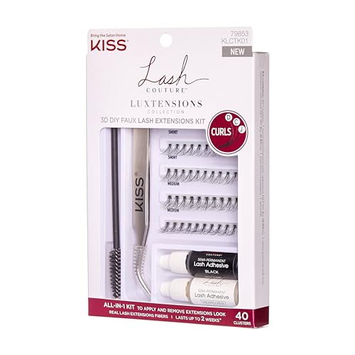 KISS Lash Couture Luxtension False Eyelashes, 'Lash Extension Kit', 12 mm, Includes 40 Wisps, Tweezers, Spoolie, Semi-Permanent Lash Adhesive And Remover, Contact Lens Friendly, Easy to Apply, Reusable Strip Lashes