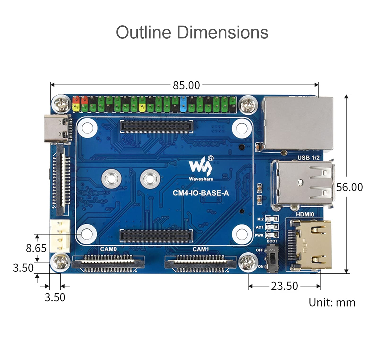 waveshare for Raspberry Pi Compute Module 4 Base Board Accessories Kit, Include CM4-IO-BASE-A (Lite Ver.), USB HDMI Adapter, FFC Cable and USB-A to USB-C Cable, More USB and HDMI Connectors via FFC
