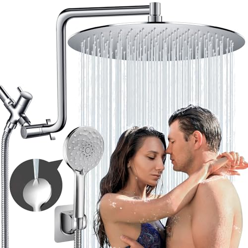 12" Rainfall Shower Head with Handheld Combo, High Pressure Shower Heads with Upgraded 12" Adjustable Curved Shower Extension Arm, 6 Settings Handheld Shower Head Built-in Power Wash Anti-leak(Chrome)