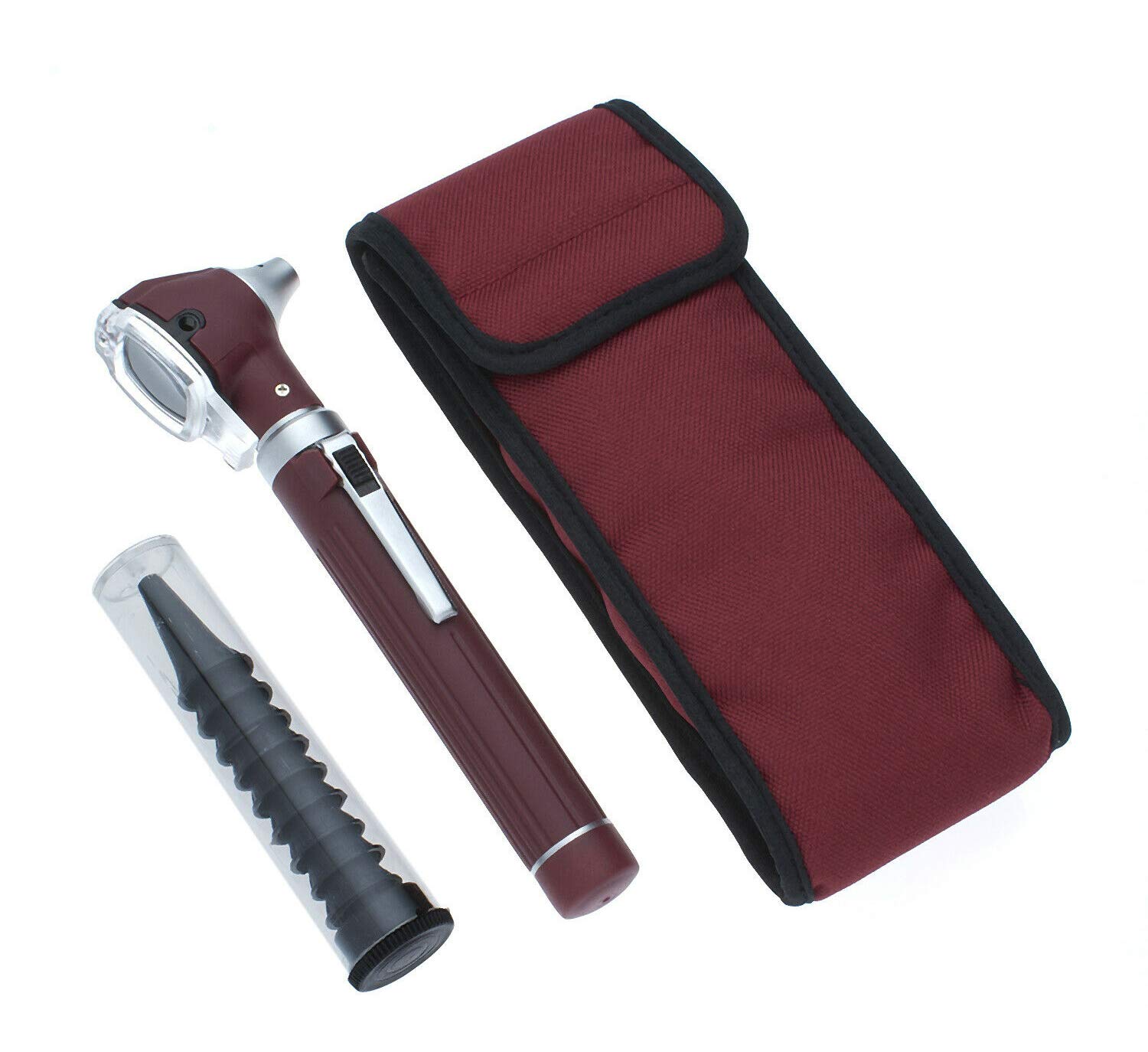 SURGICAL ONLINE Fiber Optic Mini Otoscope Rainbow Many Colors - Pocket Otoscope with Case ENT Diagnostic Set w/Extra Bulb Included (Burgundy)