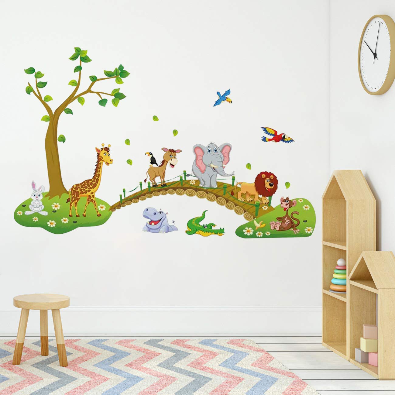 Runtoo Jungle Animals Wall Decals Monkey Elephant Giraffe Wall Art Stickers Kids Baby Nursery Playroom Home Décor