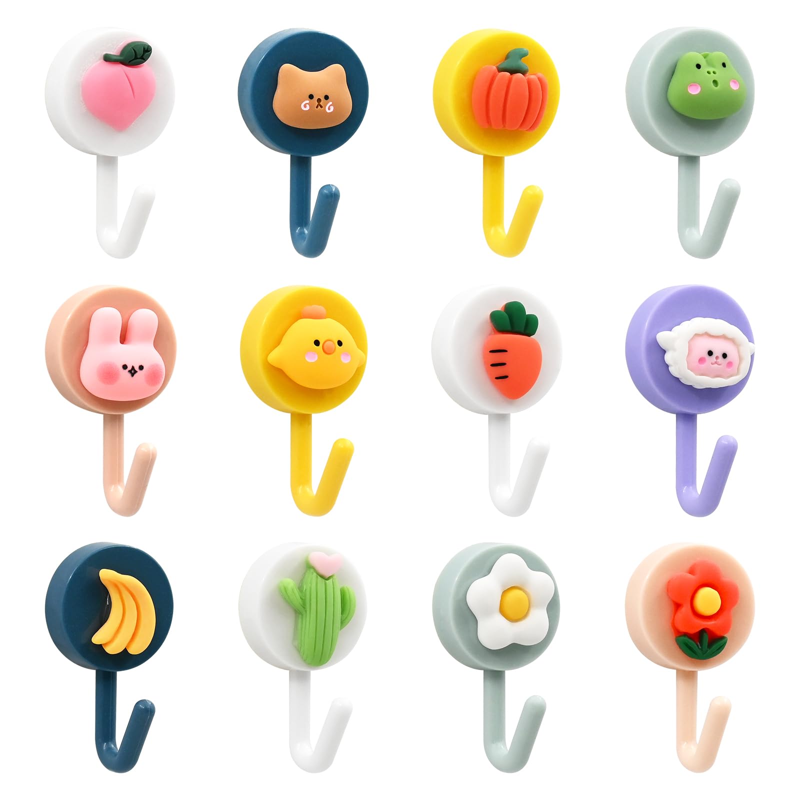 12 Pack Adhesive Hooks Cute Utility Hooks, Cartoon Shaped Key Hooks for Wall Decorative Key Holder Rack, Colorful Self Adhesive Wall Hooks for Towels, Hats, Kitchen, Bathroom, Office