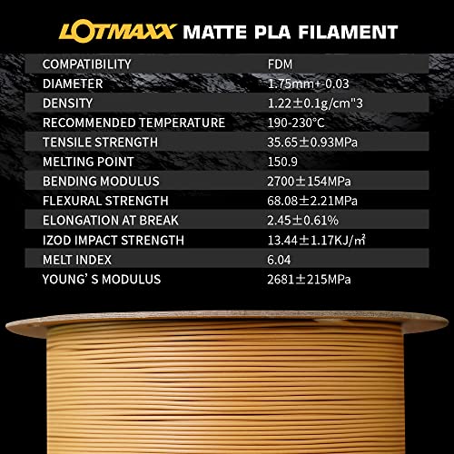 LOTMAXX Matte PLA Filament 1.75mm Matte PLA 3D Printer Filament, 1kg Cardboard Spool (2.2lbs), Dimensional Accuracy +/- 0.03mm, Fit Most FDM Printer(Matte Wood)
