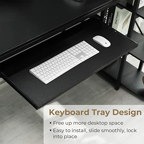 SEDETA L Shaped Computer Desk, 63'' Corner Gaming Desk, Computer Desk with Storage Shelves, Keyboard Tray, Monitor Stand and Headphone Hook, Corner Gaming Desk with LED Lights, Black