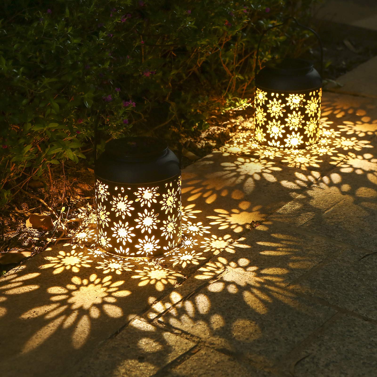 2 Pack Hanging Solar Lanterns, Tomshine Outdoor Lantern Warm White Waterproof Metal Patio Decor for Garden Landscape Yard Decoration (Flower Pattern)