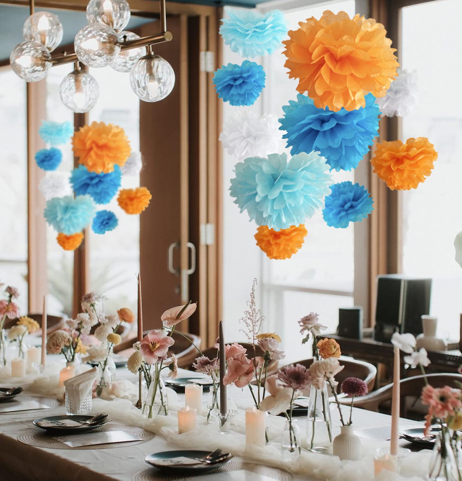 20PCS Acqua Blue,Light Blue,Orange & White Tissue Paper Pom Poms Set-Ideal for Birthday,Bridal Showers,Wedding,Baby Shower Party Decorations (14",10",8",6)