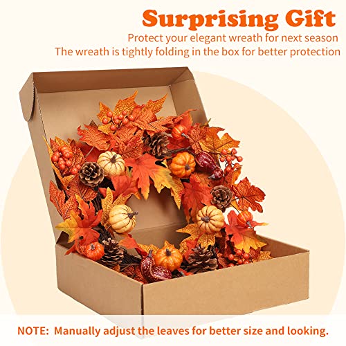 22β Fall Wreath for Front Door, Autumn Wreath with Pine Cones Pumpkin Maple Leaf, Thanksgiving Fall Wreath for Home, Wall, Porch, Windows, Suitable for Outside/Indoor, Holiday, Party, Weddings