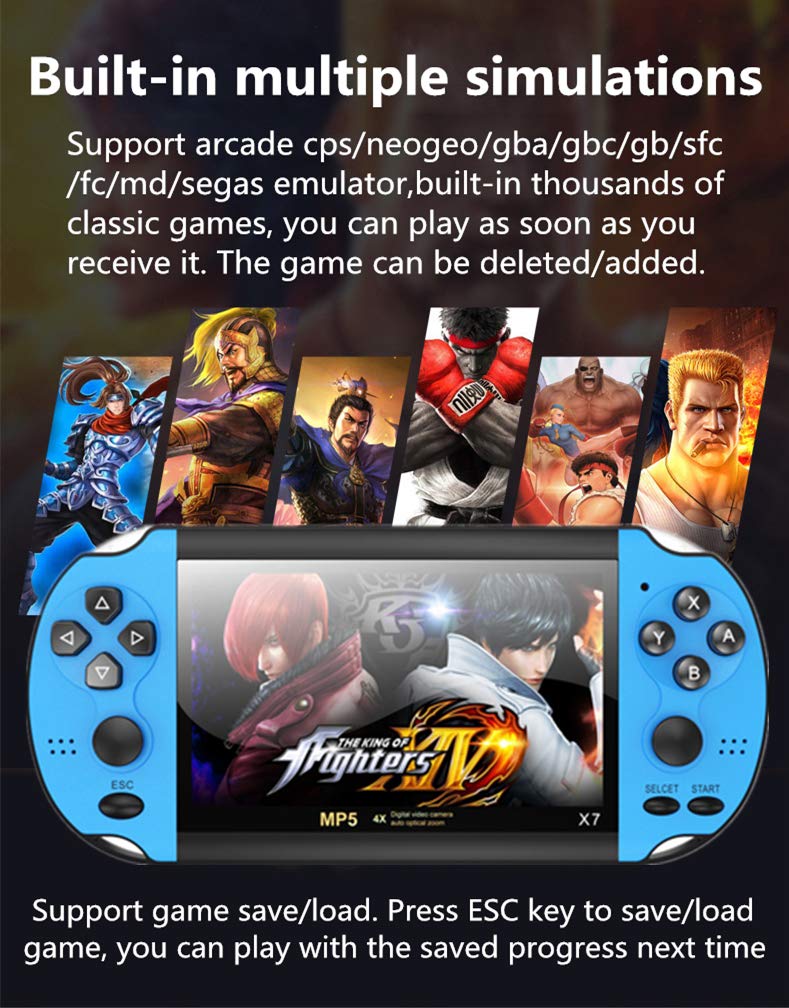 4.3 inch Dual Joystick Color Video Game Console Built-in 3000 Games Support Arcade CPS/gba/gbc/gb/SFC/fc/sega Video Music AV Out Rechargeable Lithium Battery (Blue)