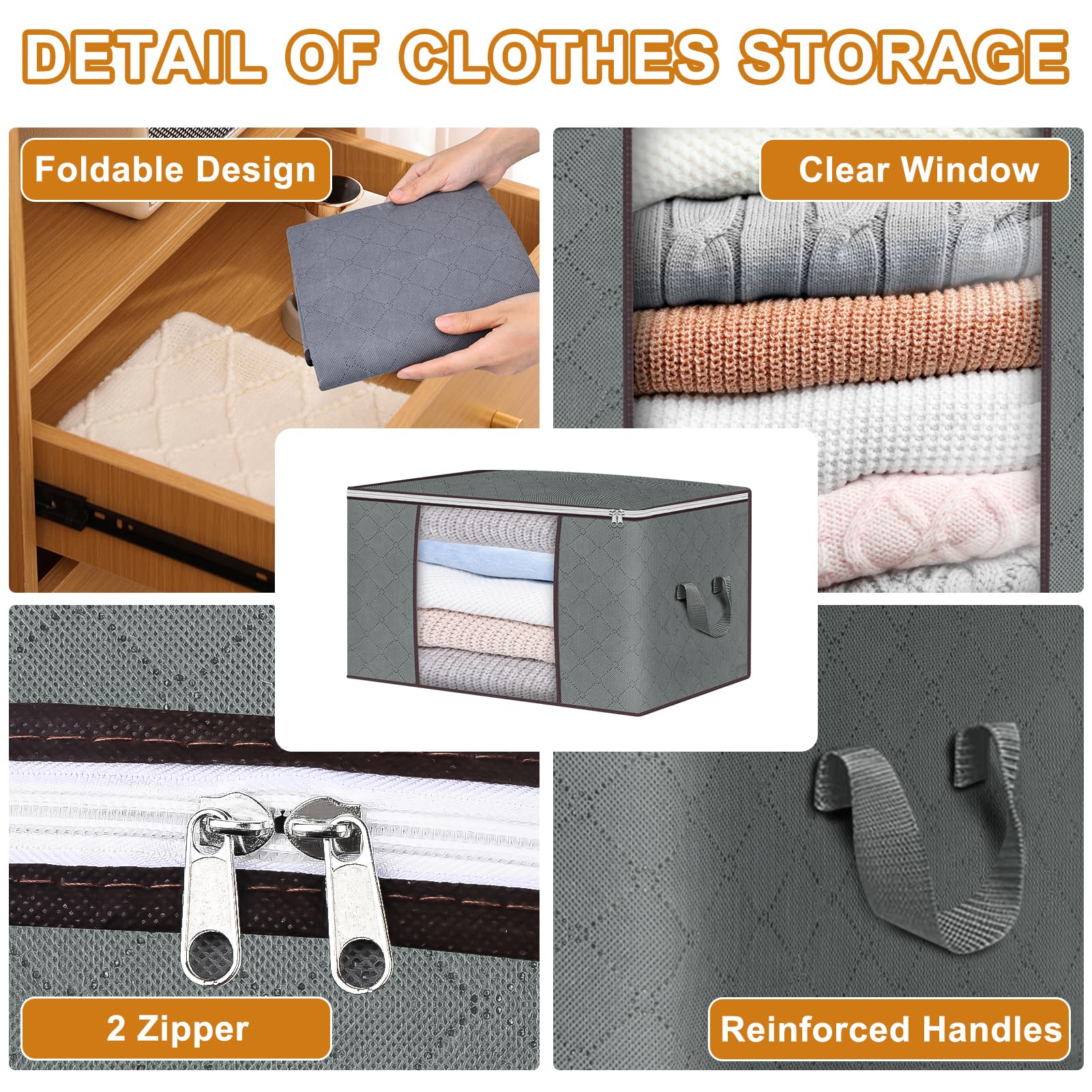 12 Pack Blanket Storage Bags with Zipper, Foldable Packing Bags for Moving Bags, Storage Bags for Clothes with Handles, Closet Organizers and Storage for Clothing, Sheet, Comforter, Bedding,60L, Grey