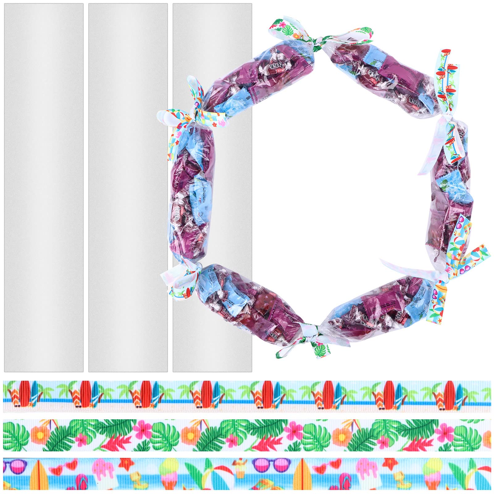 20 Pcs Hawaiian Candy Lei Making Kit Hawaiian Leis for Graduation Party Graduation Lei Bags 3.93 Feet Candy Lei with 3 Rolls Ribbon for Gift Wrapping for Summer Wedding Party Supplies