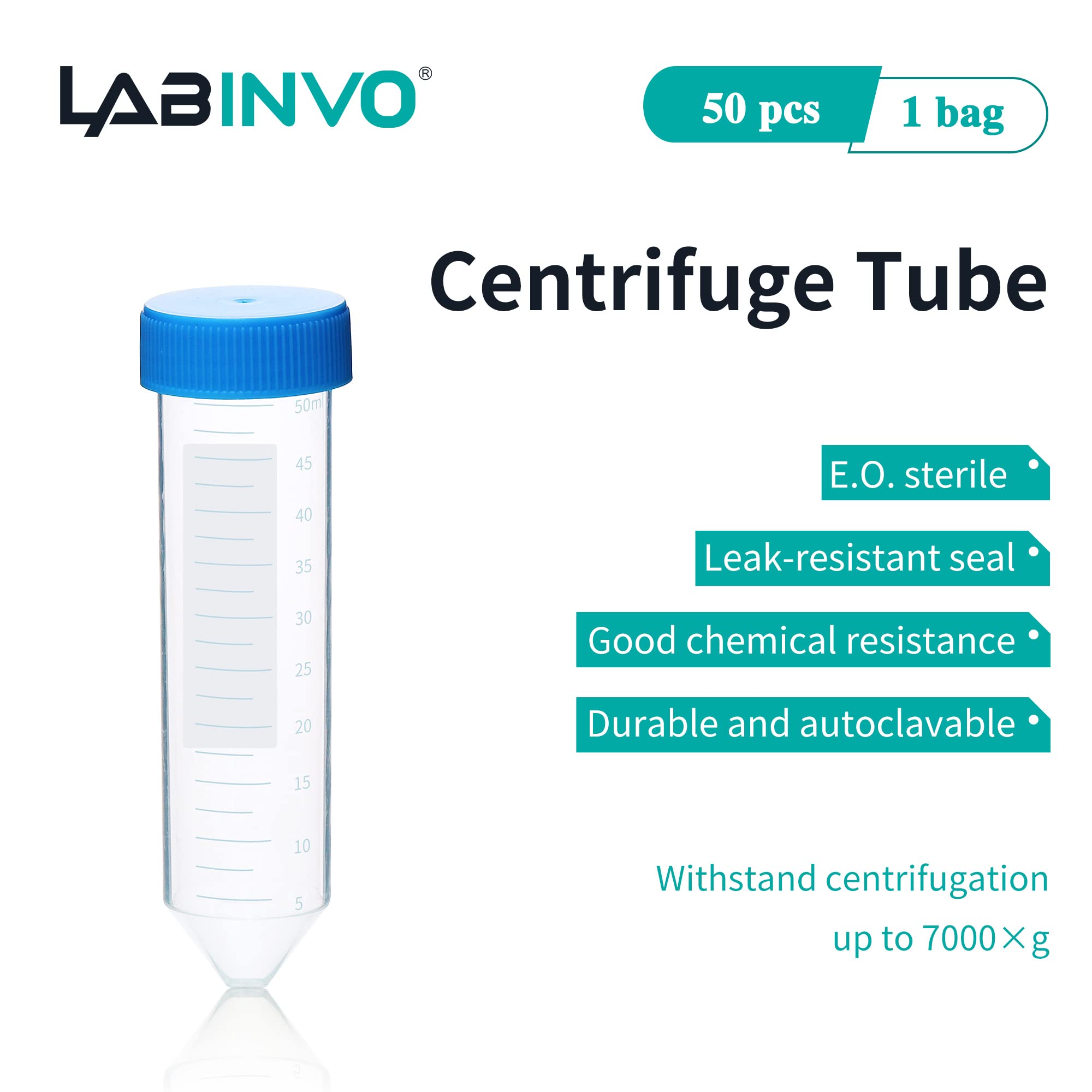 LABINVO 50ml Centrifuge Tube, Blue Screw Cap, Printed Graduation, E.O. Sterile Conical Tubes, 30x115mm, Pack of 50, IN-CT50EO
