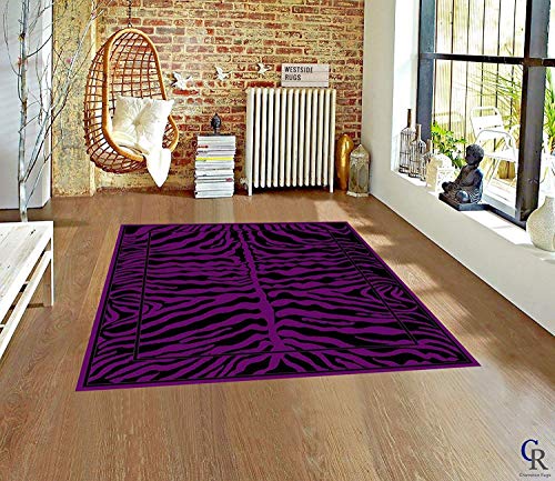 Animal Print Zebra Skin Area Rugs Exotic Striped African Contemporary Purple Black Carpet (5’ 3” X 7’ 5”)