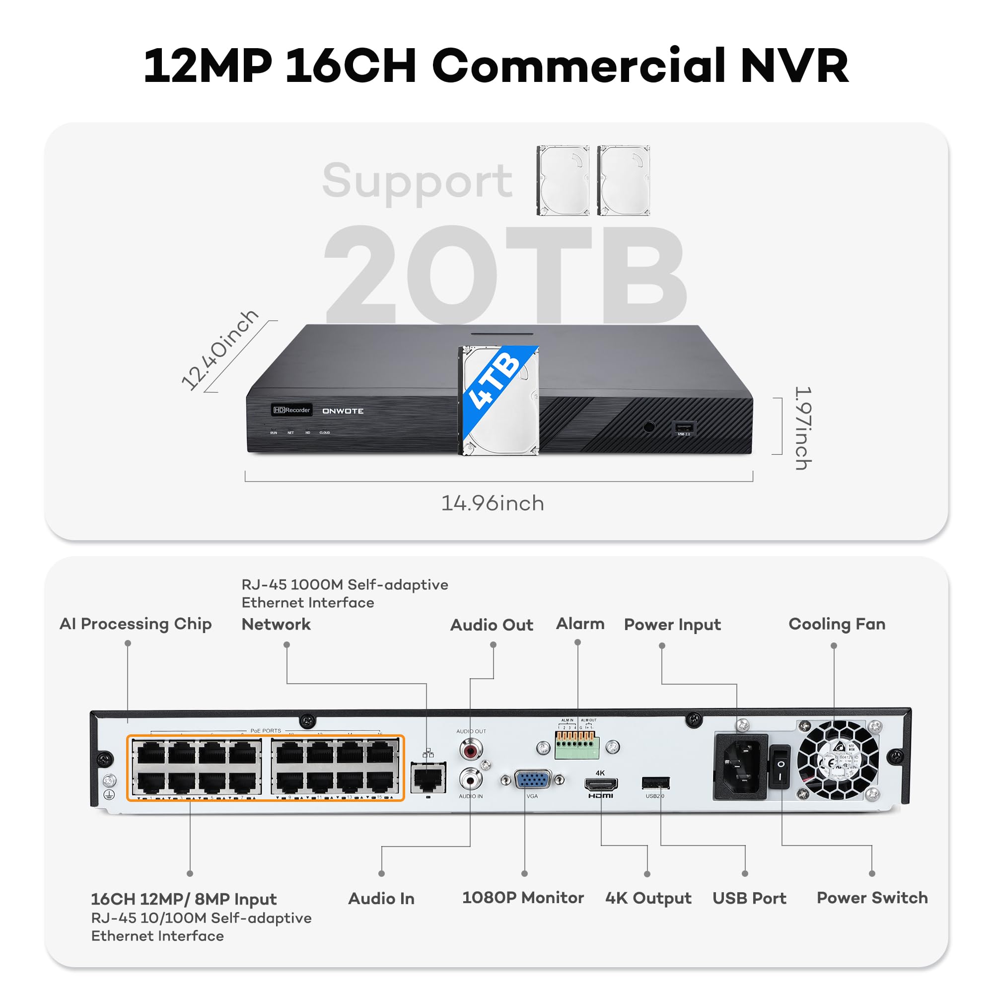 ONWOTE 16 Channel 4K PoE Security Camera System, 12MP 16CH Commercial NVR 4TB, 16x 8MP 134° Outdoor IP Cameras with Audio, AI Detect Human Vehicle, 100ft 60ft Ethernet Cables, Wired CCTV for Business