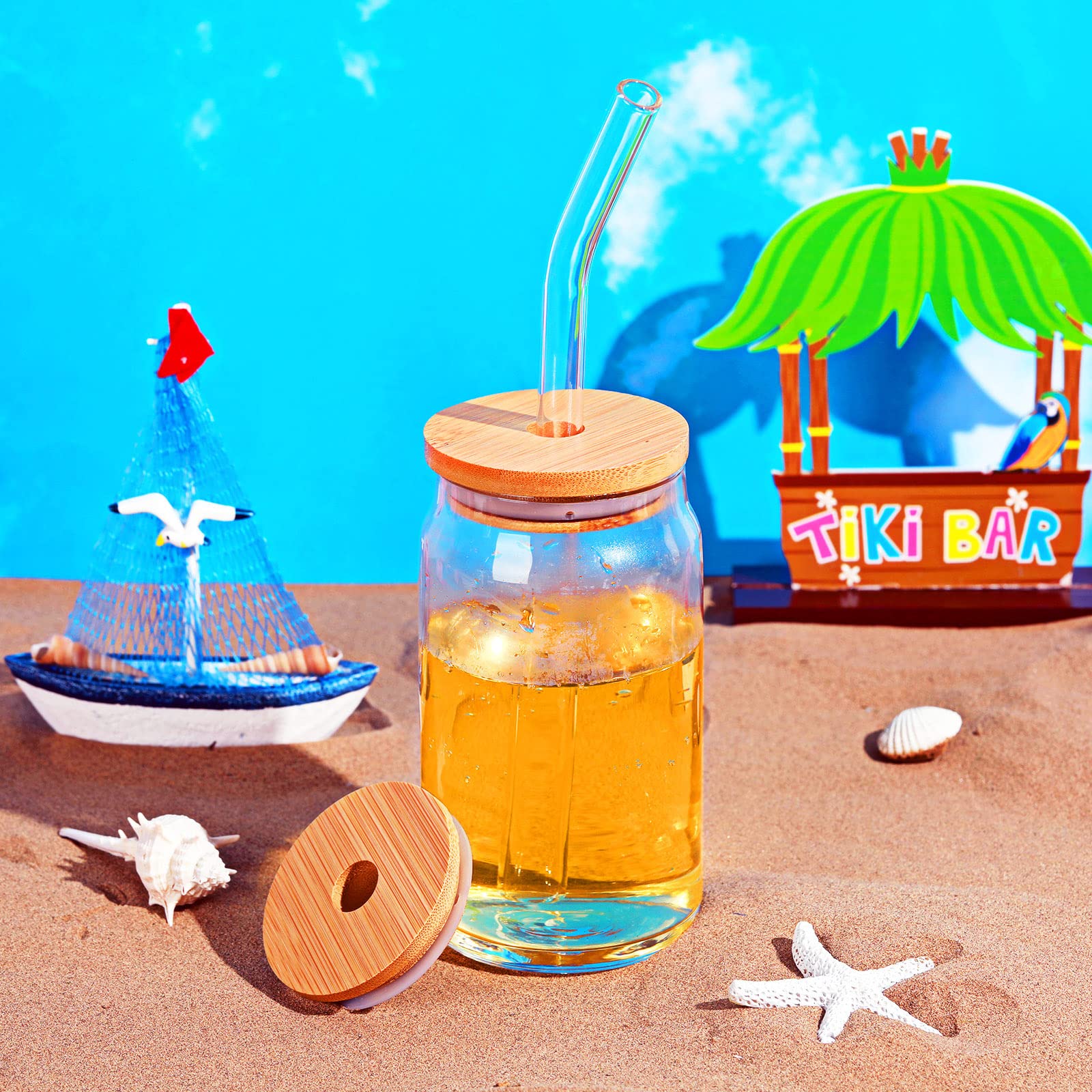 16oz Beer Can Lids Bamboo Lids with Straw Hole Glass Lids for Beer Can Jar Lid for Drinking Glasses, Glasses and Straw Not Included (4 Pieces)