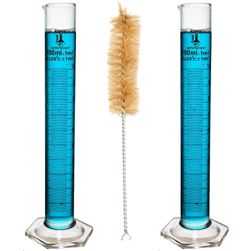 100ml Graduated Cylinder with Brush, 3.3 Boro. Glass, Single Metric Scale, Karter Scientific 213I52 (Pack of 2)