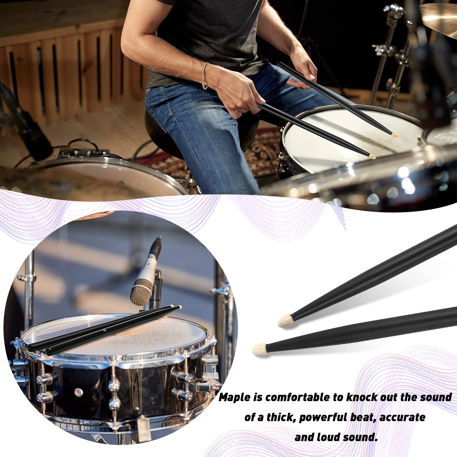 12 Pairs 5A Drum Sticks Classic Maple Drumsticks Marching Percussion Accessories for Adults Kids Black