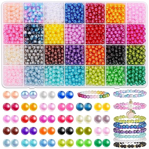 2240Pcs Pearl Beads for Jewelry Making 28 Colors, Colored Pearl Beads for Bracelets Making, 6mm Shiny Beads Small Round Pearl Bracelet Beads for Crafts, Jewelry Making and for Bracelets Making