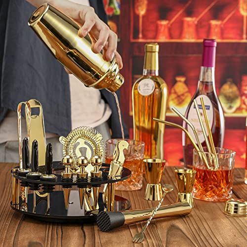 X-cosrack 19-Piece Bar Set,Gold Cocktail Shaker Set for Drink Mixing:Stainless Steel Bar Tools with Rotating Stand,Professional Bartender Kit for Home Bars, Parties