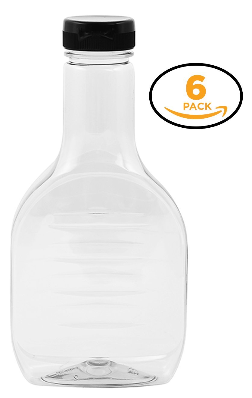 16 OZ BBQ/DRESSING CLEAR PLASTIC SAUCE BOTTLE WITH BLACK FLIP-TOP CAPS AND PRESSURE SENSITIVE LINER (Black caps, 6)
