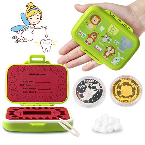 Baby Tooth Box Holder for Lost Teeth Keepsake with Tooth Fairy Silver Gold Coin