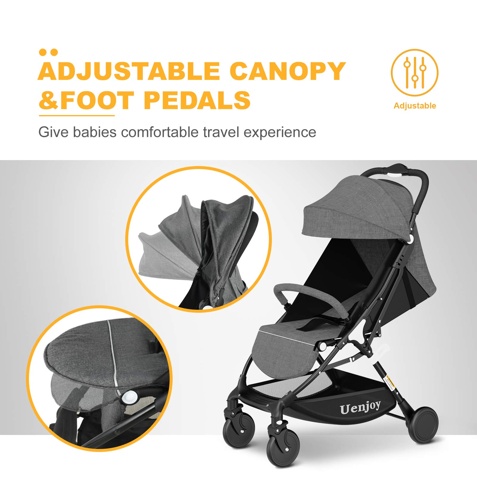 Uenjoy Baby Stroller One-Click Foldable Lightweight Stroller, with Lockable Universal Wheels, Five-Point Safety Belt, Adjustable Awning, Variable Seat and Recliner,Gray