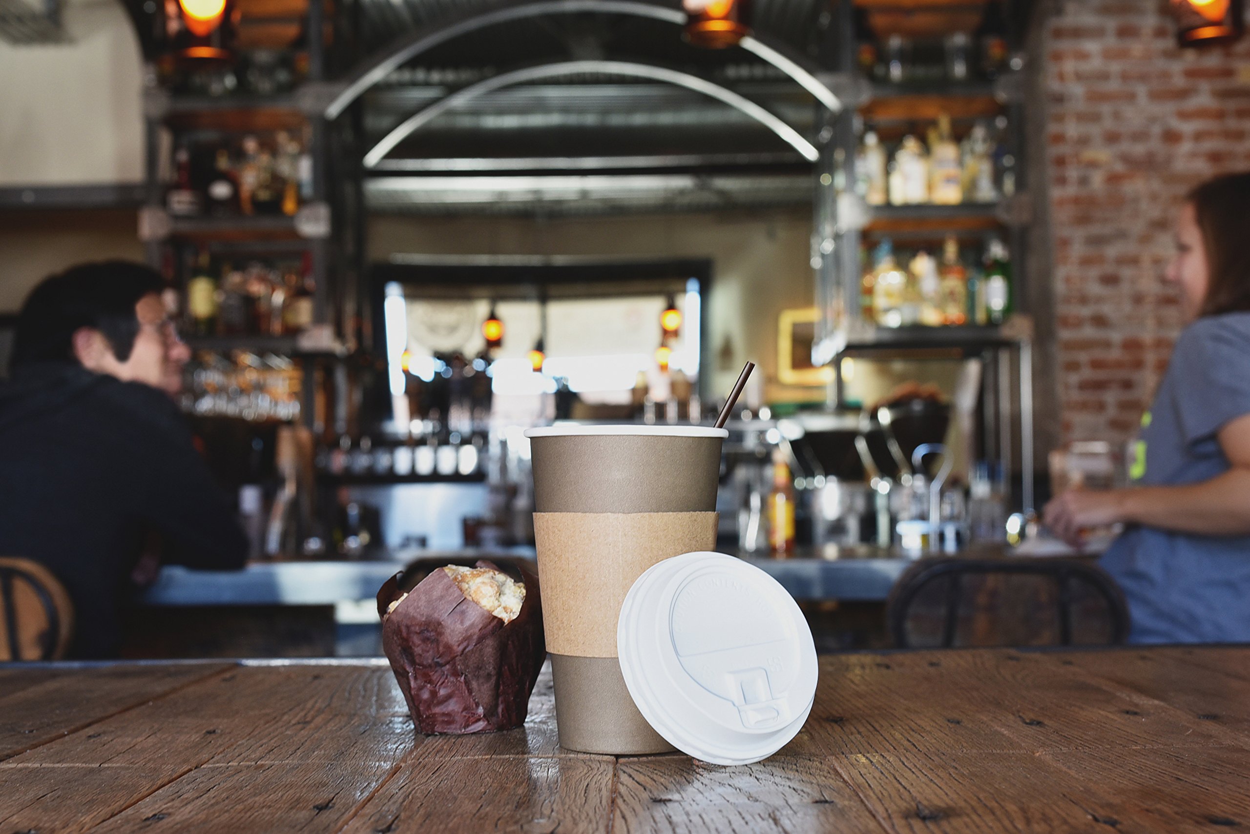 100 Pack - 16 Oz [8, 12, 20] [4 Colors] Disposable Hot Paper Coffee Cups, Lids, Sleeves, Stirring Straws - Mocha Brown