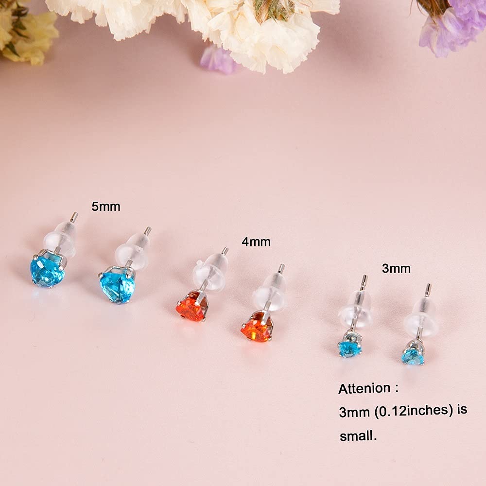 12 Pairs Stainless Steel Stud Earrings for Women, Heart Star Triangle CZ Stud Earrings, Cubic Zirconia Birthstone Stud Earrings Set (Heart CZ 4MM)