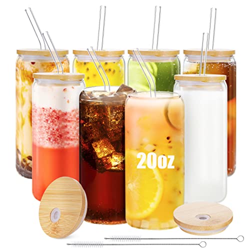 8 Pack 20oz Drinking Glasses Iced Coffee Cups Glass Beer Cups Tumbler Glass with Bamboo Lids and Straws Glasses Cups Can Shaped Glass Gups Large Drinking Can Cups for Smoothies Boba Juice Soda Tea