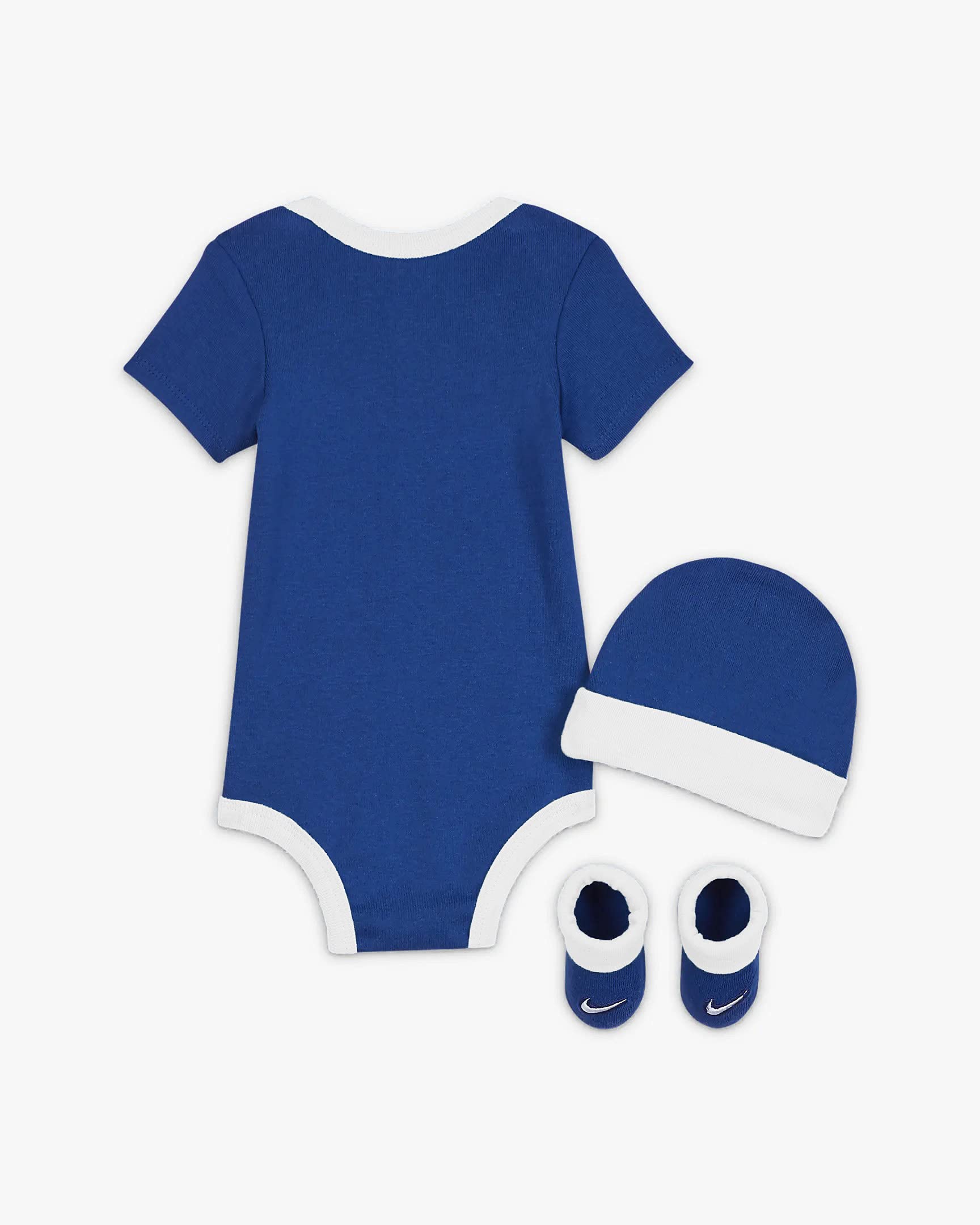 Nike Baby Boys Bodysuit, Hat and Booties 3 Piece Set (Blue Gaze(LN0072-U89)/White, 0-6 Months)