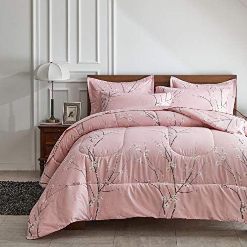 AIKASY Bed in a Bag 6 Pieces Twin Size - Floral Print - Soft Microfiber, Reversible Bed Comforter Set (1 Comforter, 2 Pillow Shams, 1 Flat Sheet, 1 Fitted Sheet, 1 Pillowcases)(Pink, Twin)