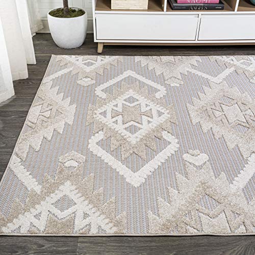 JONATHAN Y SBH107A-4 Sumak High-Low Pile Neutral Diamond Kilim Indoor Outdoor Area-Rug Bohemian Geometric Easy-Cleaning Bedroom Kitchen Backyard Patio Non Shedding, 4 ft x 6 ft, Beige/Gray