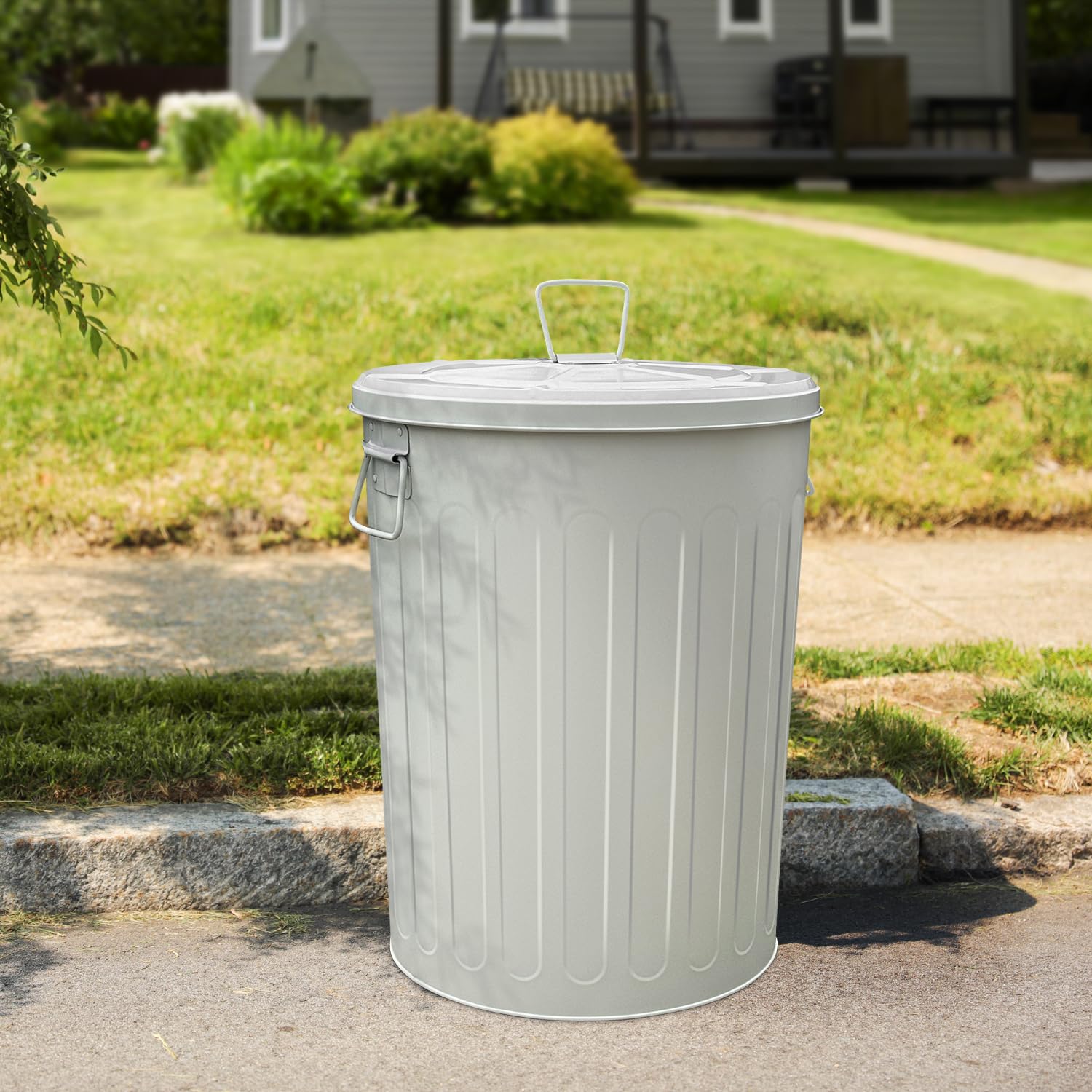 20-Gallon Beige Galvanized Steel Round Trash Can with Lid Powder Coated Metal