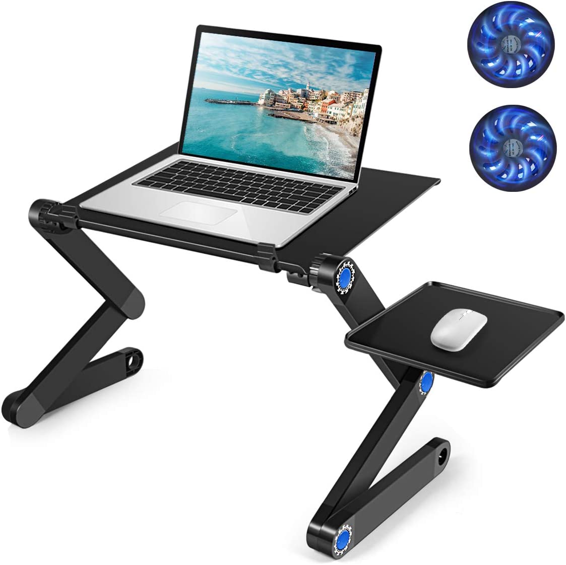 Laptop Table, Adjustable Laptop Bed Table, Laptop Computer Stand, Portable Laptop Workstation Notebook Stand Reading Holder with Large CPU Cooling Fan and Mouse Pad in Bed Couch Office Sofa