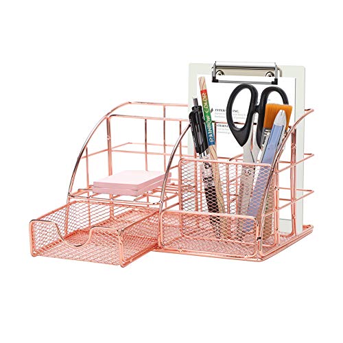 ARTISHION Desk Organizer, Office Supplies Desktop Holder, Metal Mesh Stationary Organizer Rose Gold with Drawer, Pen Pencil Holder for Office, Home, School
