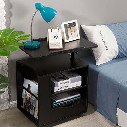 SIDUCAL Multi-Functional Wooden Bedside Table Height Adjustable & 360 Rotation Table top Rolling Laptop Desk Computer Table,Nightstand with Drawers, Black (Right Side) …